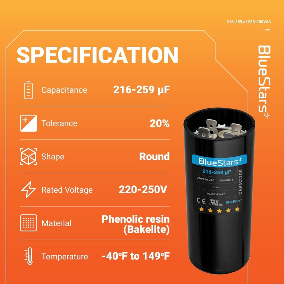 216-259 uf MFD Round Motor Start Capacitor | Fast Shipping – BlueStars ...